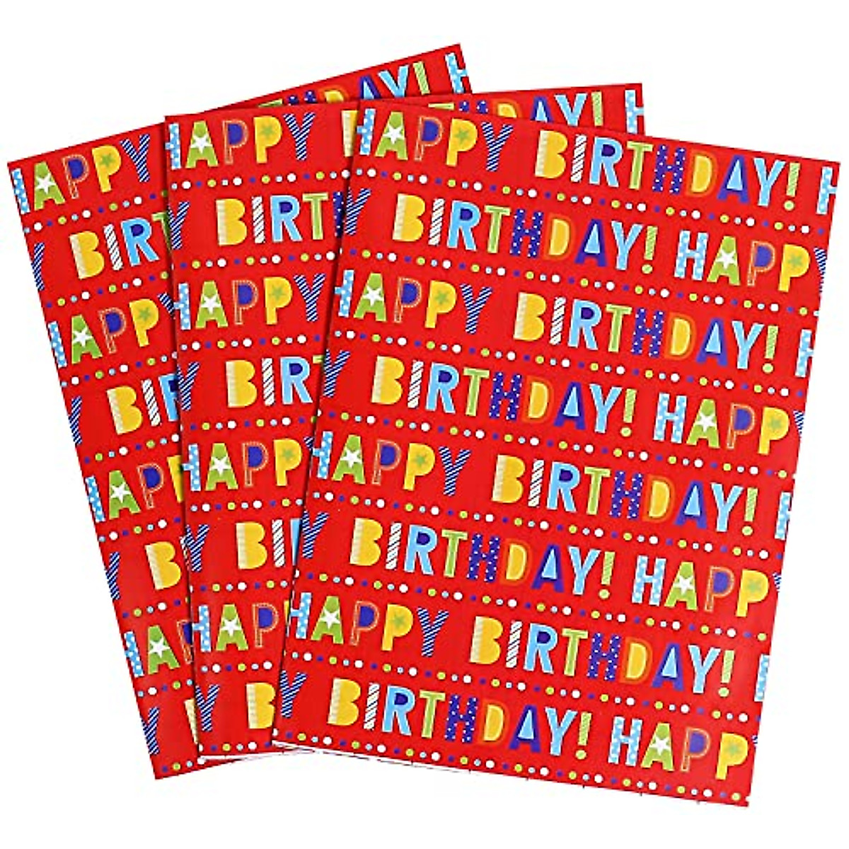 CAMKUZON Birthday Wrapping Paper with Cut Lines on Reverse - 3 Large Sheets Colorful Happy Birthday Gift Wrap for Girls Boys Kids Women Men Baby Shower Party - 27 Inch X 39.4 Inch Per Sheet