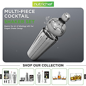 NutriChef Bartender Set 7 Piece - Includes Cocktail Shaker Mixer, Essential Bar Accessories, 2 Bottle Pourers, Bar Mixer Spoon, Jigger & 50 Recipe Booklet - Essential Martini Making Kit - Drink Mixing