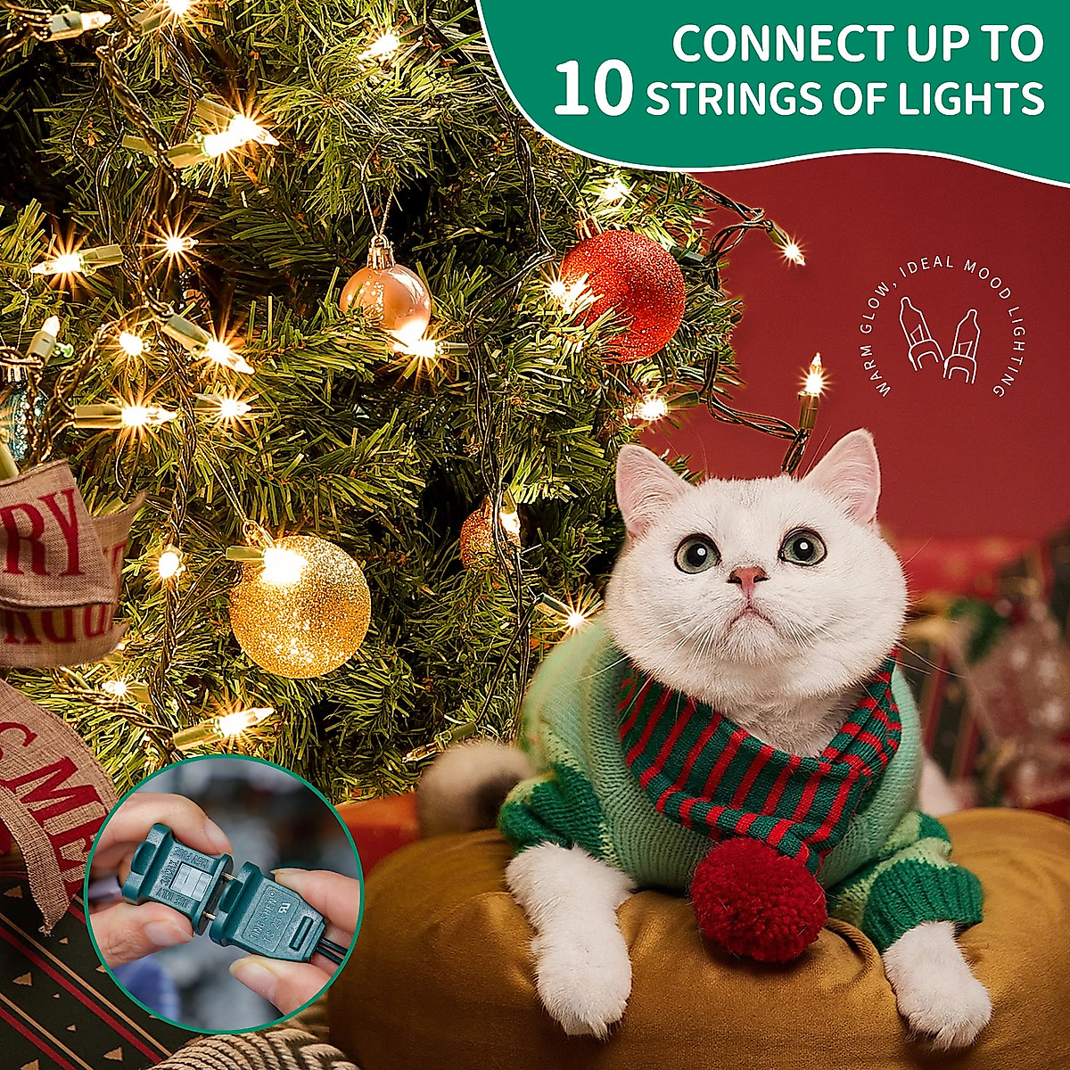 HEYFUNi Clear Christmas Lights 50Count 13Feet White Christmas Tree Lights Set, Incandescent Bulb Mini String Lights for Indoor Outdoor Tree Party Weeding Home Xmas Holiday Decorations,Green Wire