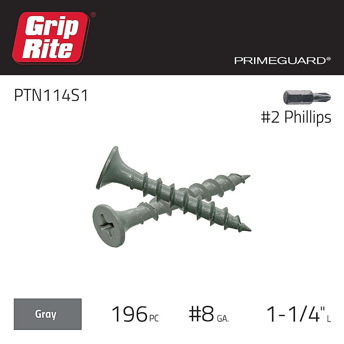 Grip-Rite PTN114S1 PG10 Polymer Coated #6 x 1-1/4" Coarse Thread Deck Screw, Gray, 1lb Box