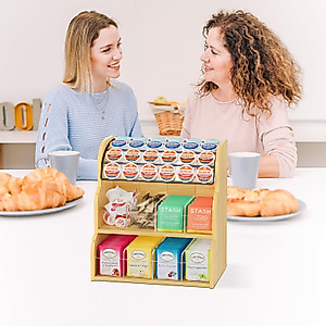 LASZOLA Bamboo Tea Bag and Coffee Holder Organizer for Cabinet Counter Office, 3 Tier Large Capacity Vertical K Cup and Tea Packet Storage Rack, Sturdy Display Stand, Easy Assemble