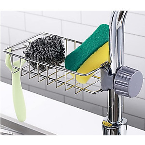 Hangningo Faucet Sponge Holder with Hook,Dish Rack for Kitchen,Sink or Shower Caddy Organizer,Shampoo Shelf and Brush Hanging for Bathroom,Drainer Storage for Dish Washing,Stainless Steel