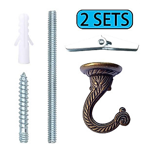 OBSTKUCHEN 2 Sets Large Swag Ceiling Hooks Heavy Duty Swag Hook with Hardware for Hanging Plants Ceiling Installation Cavity Wall Fixing (2 Sets Antique Brass)