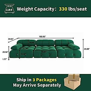 JACH 104" Convertible Modular Sectional Sofa, Minimalist Mid-Century Velvet Sofas Couches, Luxury Modern 3-Seat Wide Couch Sectional for Living Room Bedroom Office Apartment (Green)