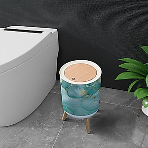 PHAIBHKERP Trash Can with Lid Pastel Cyan Mint Liquid Marble Watercolor Gold Lines Brush Garbage Can Round Waste Bin Press Cover Dog Proof Wastebasket for Kitchen Bathroom Living Room Nursery 1.8gal