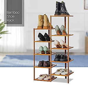MoNiBloom Shoe Rack for Entryway, Bamboo Vertical Double Row Shoe Storage Space Saving Shoe Organizer for Small Spaces Corner Bedroom (10 Shelves, Brown)