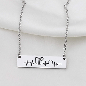 WSNANG Book Lover Gift Book Heartbeat Necklace Reading Book Club Necklace Book Jewelry Bookworm Gift Librarian Gift Bibliophile Gifts for Reader Writers Literature (Book Heartbeat Necklace)