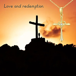 YDD 14K Solid Gold Cross Necklace for Women Heart Necklace Cross Chain for Her, Mom, Wife 16"-18"
