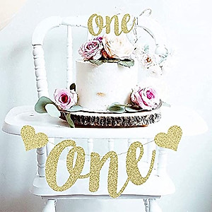 Morndew Gold Glitter One Banner and One Cake Toppers for Kids Birthday Party Baby Shower Wedding Party Bunting Decoration