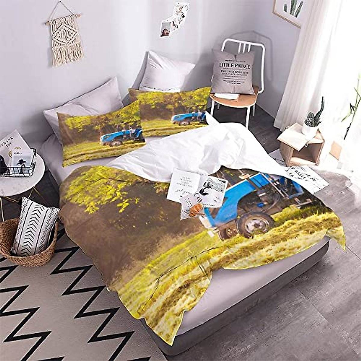 Quilt Cover Queen Size Combine Harvester 3D Bedding Sets Agricultural Tractor Duvet Cover Breathable Hypoallergenic Stain Wrinkle Resistant Microfiber with Zipper Closure,beding Set with 2 Pillowcase