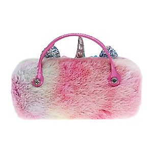 Kids Girls Boys Fluffy Faux Fur Unicorn Eyeglass Case Plush Eyewear Glasses Case Hard Shell with Handle