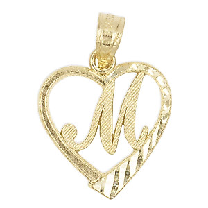 Ice on Fire Jewelry 10k Solid Gold Initial Pendant in Heart Frame with Diamond Cut Finish, Available in Different Letters of Alphabet Personalized Charm for Women (M)