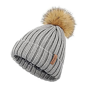FURTALK Womens Beanie Satin Lined Knitted Beanie with Pom Winter Hats for Women (Grey)