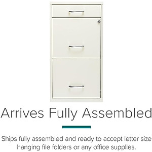 Pemberly Row 18" Deep 3-Drawer Contemporary Metal File Cabinet, Letter Size, Smooth Glides, for Small Office/Home Office, in Pearl White