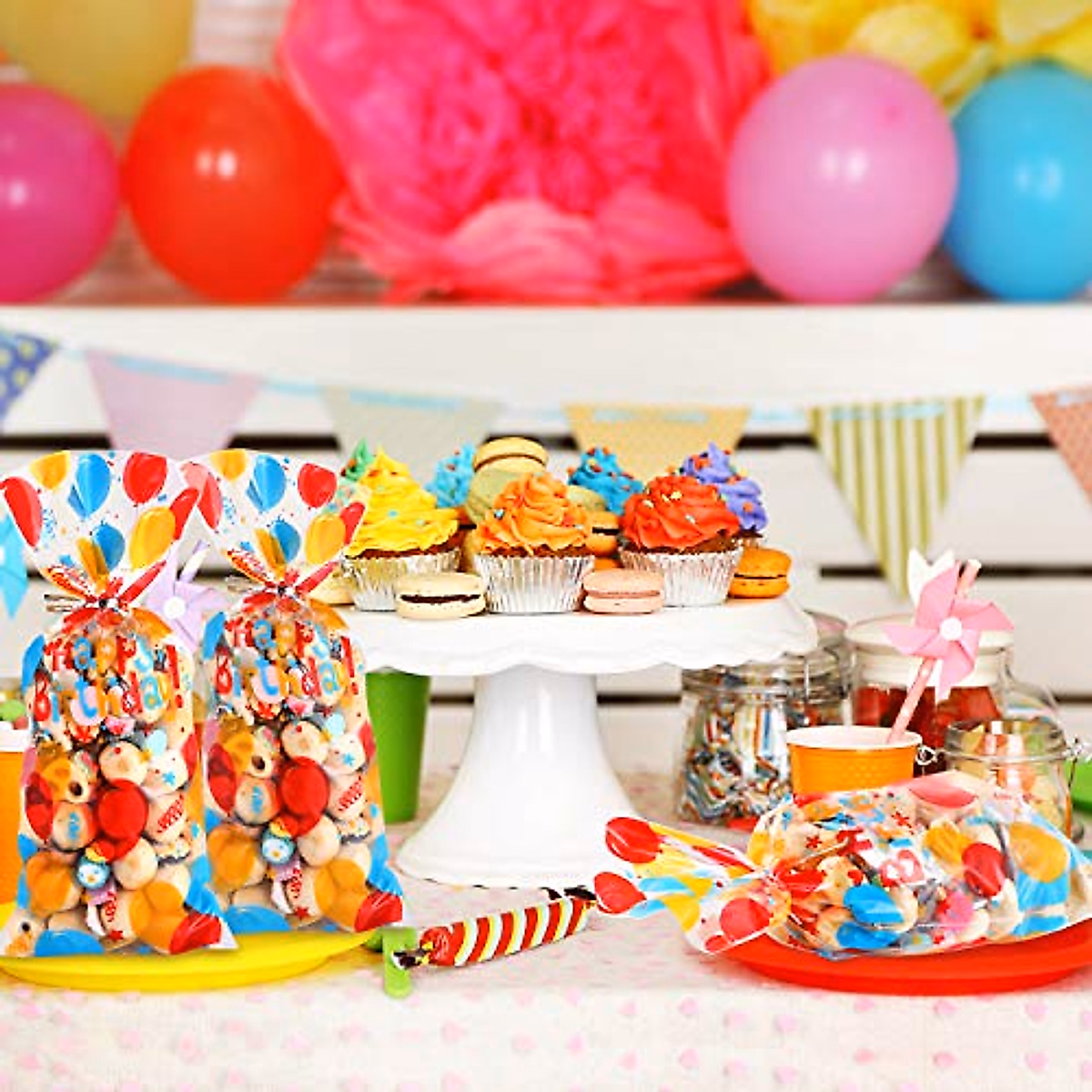 100 Pieces Birthday Party Treat Bags Bright Balloon Print Clear Plastic Cellophane Candy Goodie Gift Bags with 100 Pieces Silver Twist Ties for Birthday Party Decorations