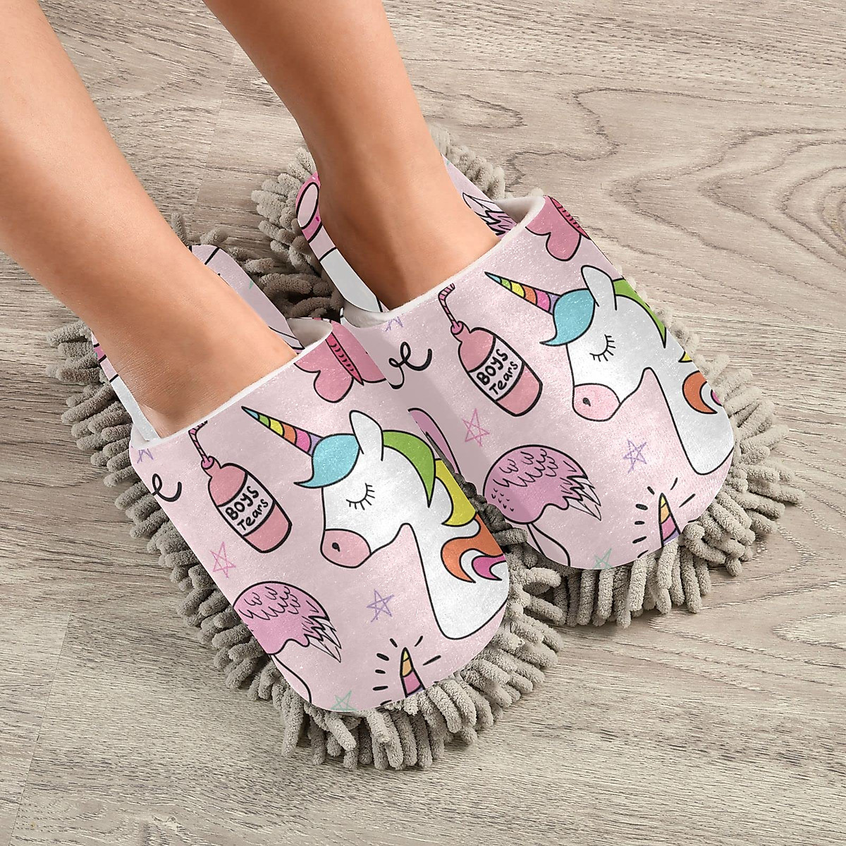 Cartoon Unicorn Butterfly Flamingo Mop Slippers Shoes Cover for Floor Cleaning Washable Dirty Dust Hair Cleaners Microfiber Mop Socks for Office House Kitchen