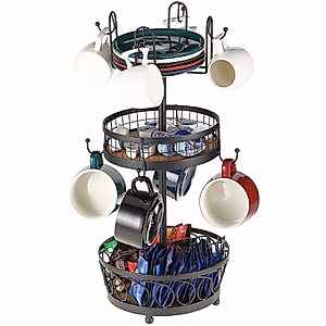 Coffee Cup Tree Coffee Mug Holder Tree Stand 4 Tiers Coffee Cup Stand with 12 Mug Hooks Mug Rack Countertop with Storage Basket Coffee Mug Tree for Counter with Wooden Handle Perfect for Bar Kitchen