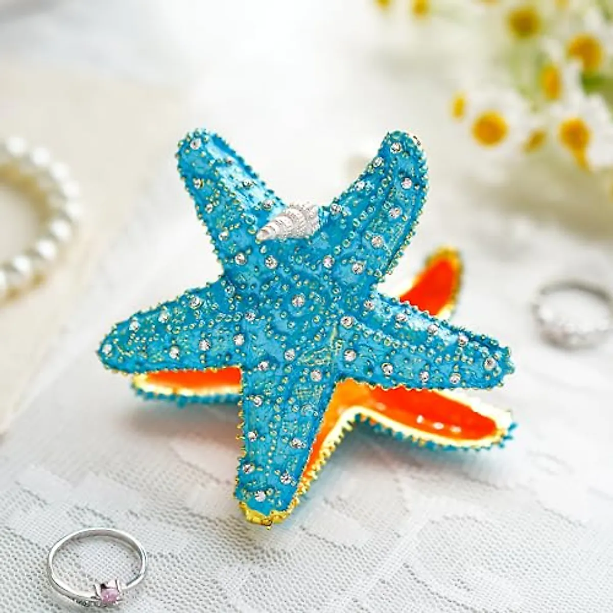 YU FENG Jeweled Starfish Figurine Trinket Boxes Hinged Collectible Painted Enameled Sea Star Animal Jewelry Holder Box(Ocean Blue)