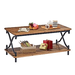 VECELO Coffee Table with Storage and Open Shelves for Living Dining Room 39-Inch, Modern Rectangle & Industrial Design, X-Shape Frame, Brown