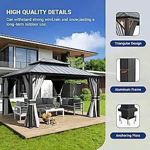 Amopatio 12' X 14' Hardtop Gazebo Permanent Aluminum Gazebos with Galvanized Steel Double Roof for Patio Lawn and Garden,Included Curtains & Mosquito Netting,Grey