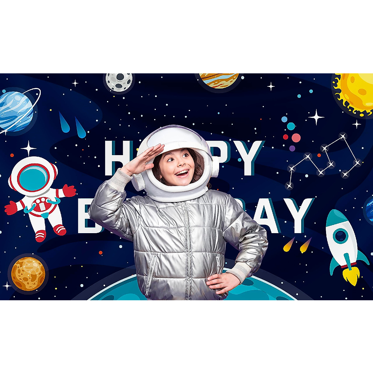 Space Party Backdrop - Outer Space Rocket Astronaut Theme Studio Background Banner Decorations Photography Supplies for Birthday Party - Funny Photo Booth Backdrops - 70.8 x 43.3 Inch