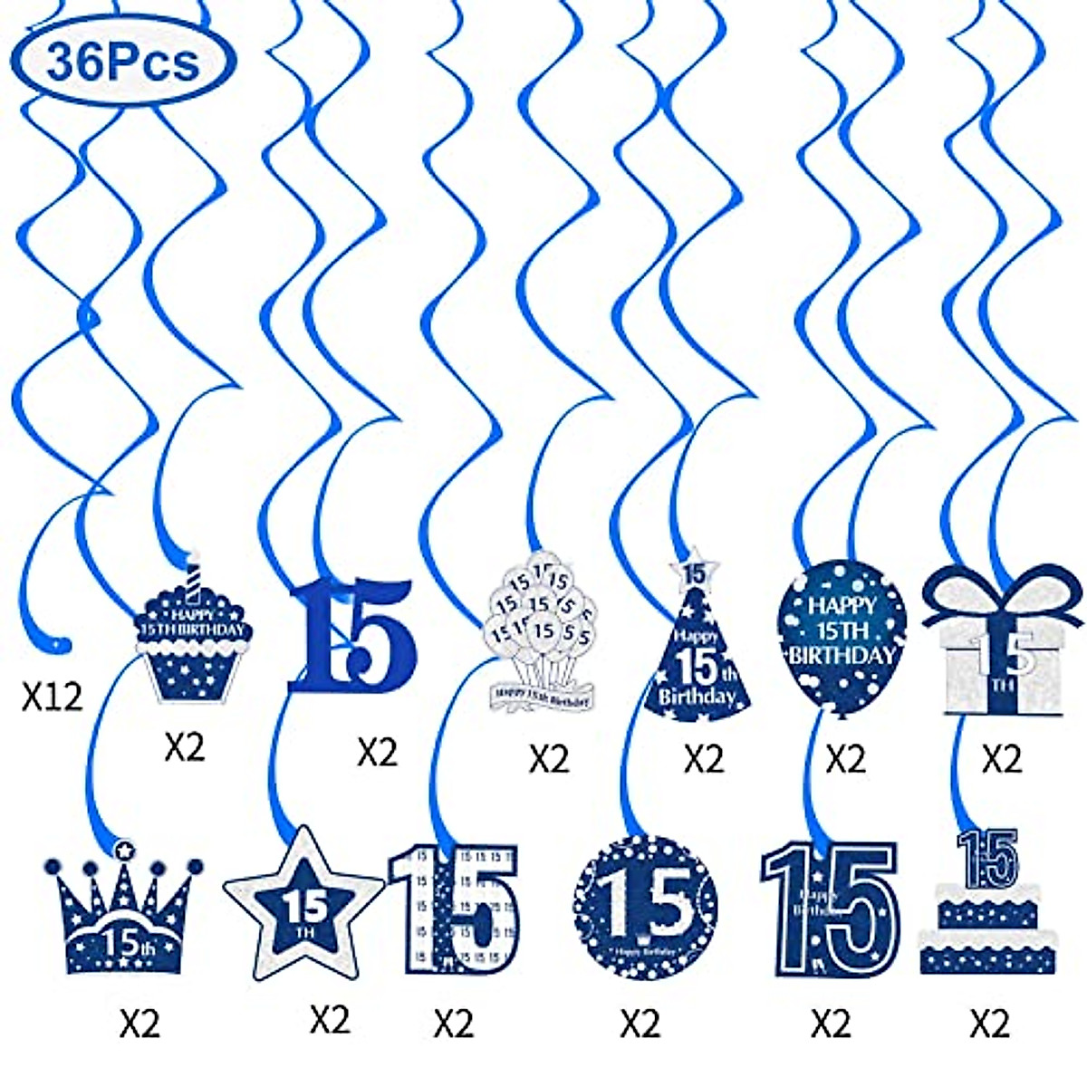 36pcs 15th Birthday Decorations Hanging Swirls Party Supplies for Boys, Silver Blue 15 Year Old Birthday Hanging Decor, Happy Fifteen Birthday Foil Ceiling Swirl Sign Décor