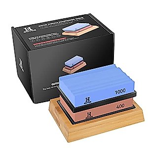 GUYUE Sharpening Stone Wood Carving Sharpener, 400 and 1000 Double Side Grit Waterstone, Best Whetstone Sharpener,For Woodworking, Wood Carving Tools, Chisels and Chisels With Non-Slip Bamboo Base