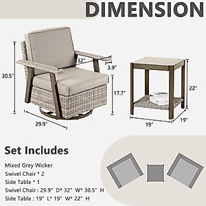 Auzfy 3 Pieces Outdoor 360° Swivel Rocker Patio Chairs Set, Outdoor Swivel Rocking Glider Chairs Set with Side Table, PE Wicker Rattan Outdoor Patio Swivel Rocking Furniture Set