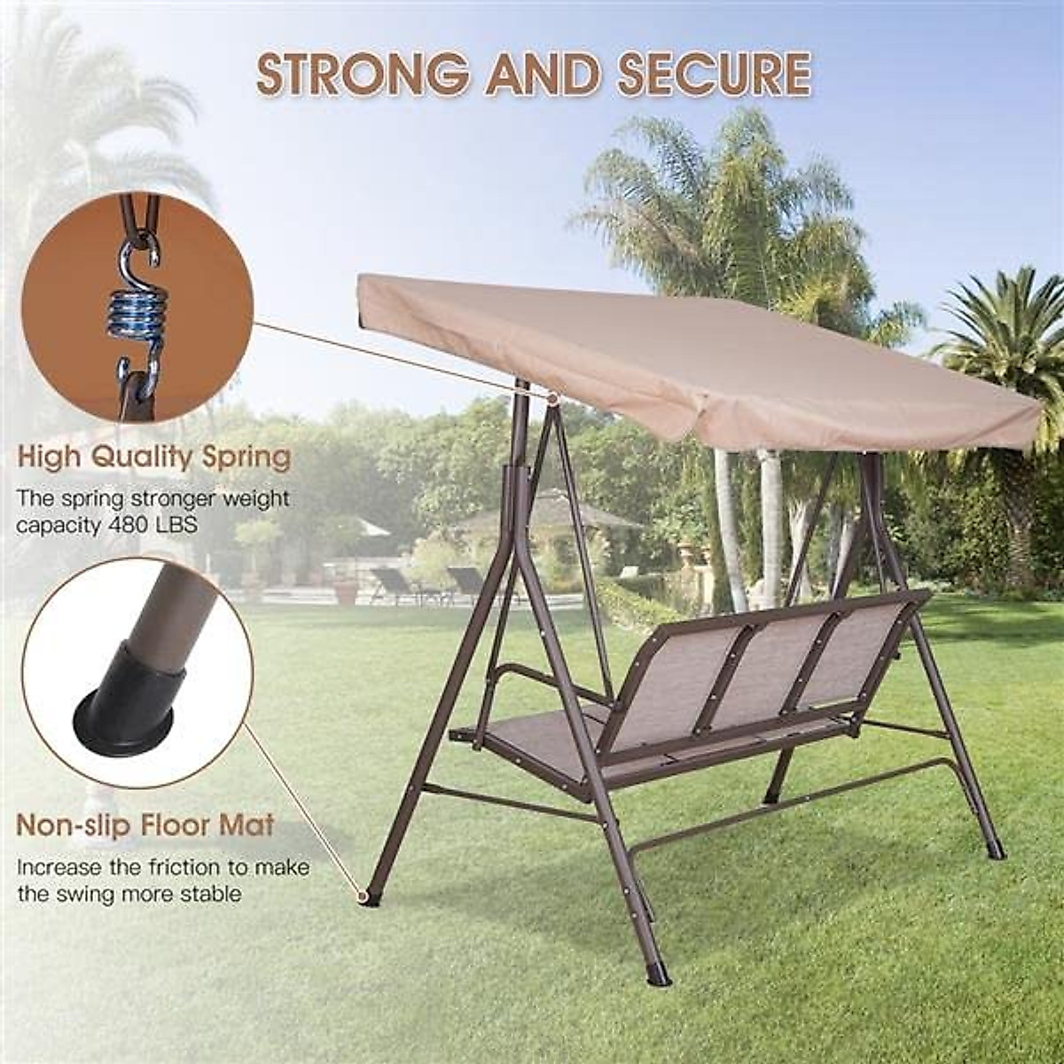 WYKDD 3-Person Sunshade Swing Chair Outdoor Patio Steel Frame Fashion Versatile Comfortable Spacious Leisure Seats