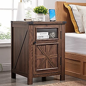 JXQTLINGMU Farmhouse End Table with Charging Station, 18'' Rustic Nightstand with Barn Door & Adjustable Shelf, Wooden Sofa Side Table with 3-Tier Storage for Living Room, Bedroom, Brown