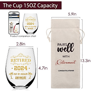 Retirement Gifts for Women Men- Retired 2024 Not My Problem Anymore Happy Retirement Gifts for Her Him Colleague Leader Boss Teacher Friend Nurse Coworker Retirement Wine Glass & Bottle Gift Bag Set
