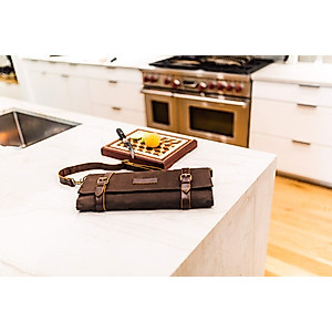 Chef's Knife Roll Bag | Extra Thick, Heavy Duty, Durable Waxed Canvas w/Cotton Liner | Stores 8 Knives plus Zipper Pocket | Portable Chef Knife Case with Leather Shoulder Strap | Knives Not Included
