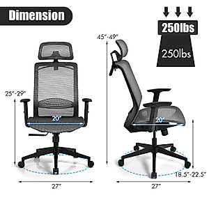 GOFLAME Ergonomic Mesh Office Chair, Swivel Executive Chair with Reclining High Backrest, Rotatable Headrest, Clothes Hanger and Lumbar Support, Height Adjustable Computer Desk Chair (Gray)