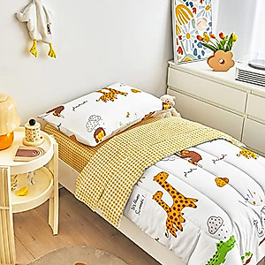 Flysheep 4 Piece White Toddler Bedding Set for Baby Girls and Boys, Cute Animals Printed - Includes Quilted Comforter, Flat Sheet, Fitted Sheet & Pillow Case, Soft Microfiber