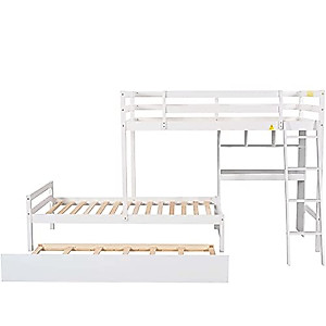 MOEO Twin Over Twin Bunk Bed with Trundle and Ladder for Kids, Adults, Wooden Bunkbed Frame w/Convertible Built-in Desk & Down Bed, Save Space, No Box Spring Required, White
