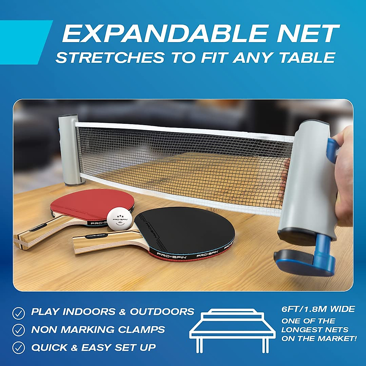 PRO SPIN All-in-One Portable Ping Pong Paddle Set | Ultra-Comfort Paddles | Table Tennis Set | Retractable Ping Pong Net (Up to 72" Wide) | 3-Star Balls | Storage Case | Game Table | Gift