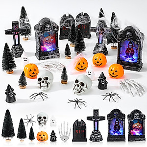 Retisee 28 Pcs Halloween Miniature Micro Landscape Village Accessories Ornaments Set Black Christmas Tree LED Tombstones Skeleton Pumpkin Statues for Halloween Party Set Decor