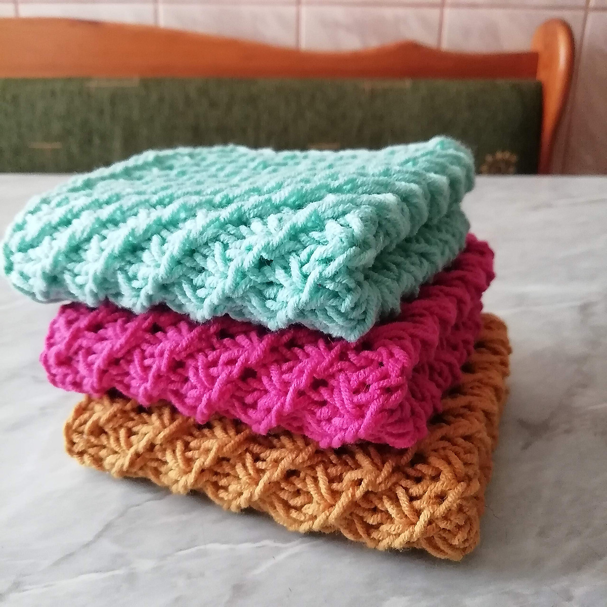 Set 3 Dishcloths Scowing Rag Towels Hand Knitted Cotton Coasters Drink Absorbent Hot Pads Mats Home Kitchen Square Reusable Cleaning Supplies Craft Tools Zero Waste Handmade