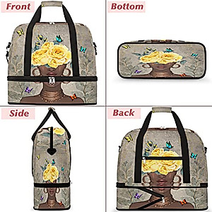Travel Duffel Bag African Afro Woman Butterfly Sport Gym Bag for Woman Man,Waterproof Foldable Weekend Overnight Bag for Yoga Workout Training with Shoe Compartment
