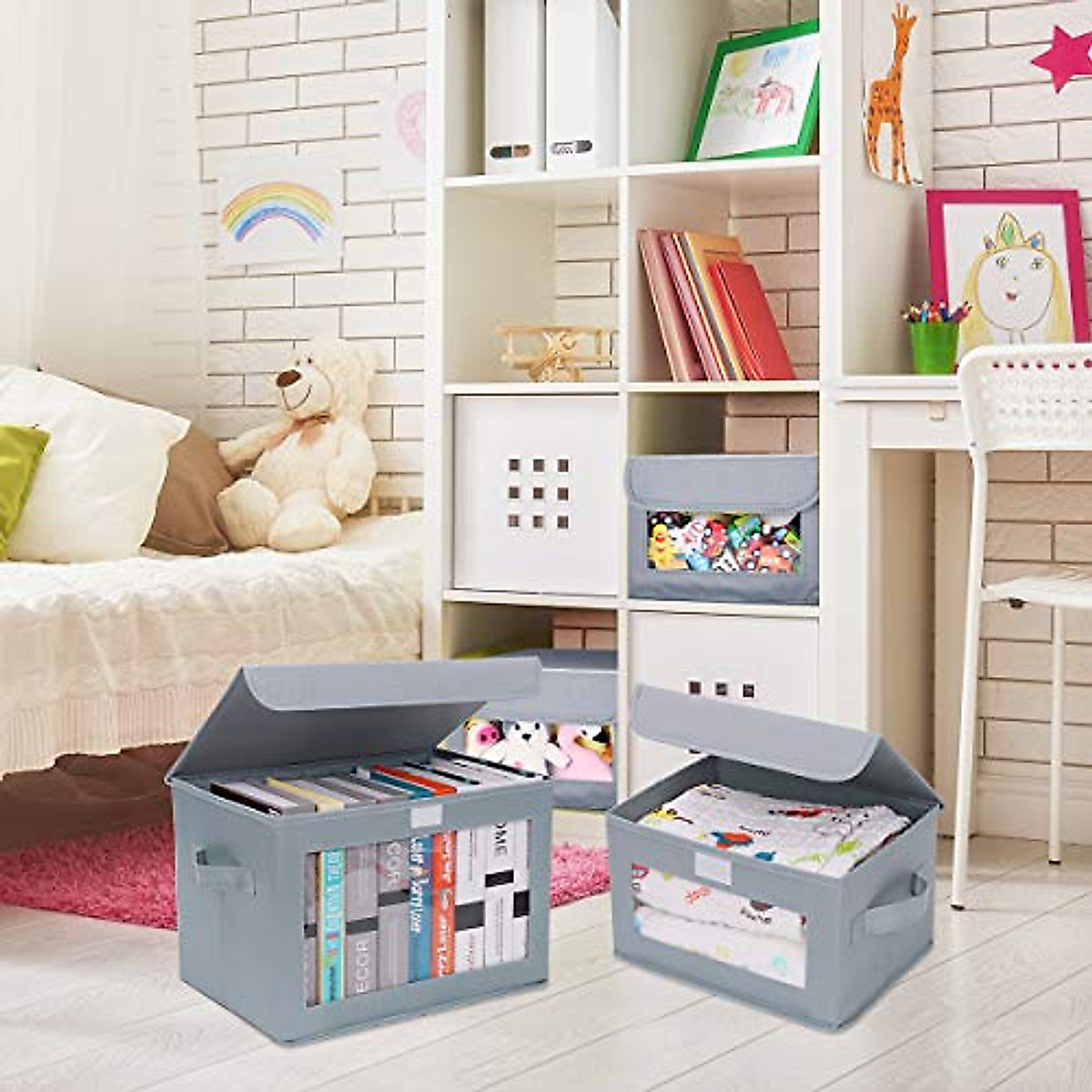 DIMJ Storage Bins with Lids, 4 Pack Fabric Storage Baskets with Handle, Collapsible Closet Organizer Bins Storage Box with Window for Clothes, Toys, Books, Closet, Shelves, Kids Room, Office