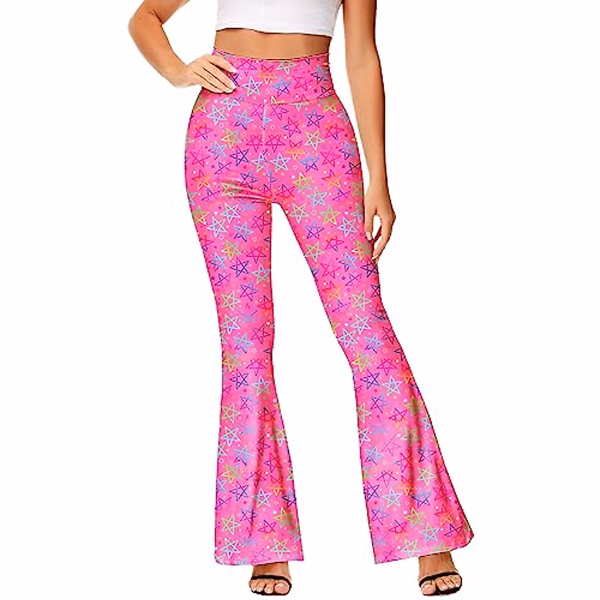 Flare Pants for Women 70s 80s Bar-bie Costume Bell Bottom Pink Disco Hippie Pants S