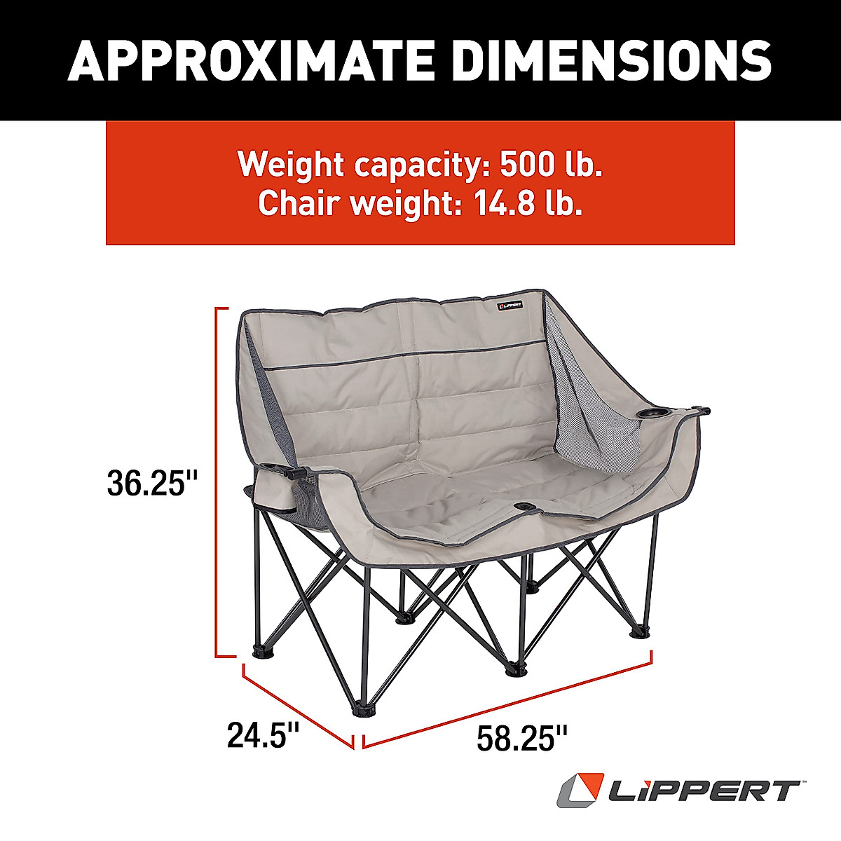 Lippert Campfire Folding Loveseat with 500-lb. Weight Capacity, Carry Bag, Durable Mesh Fabrics, High-Loft Cushioning, Storage Pocket, Dual Cupholders, Stemmed Wine Glass Holder (Sand) - 2021000205