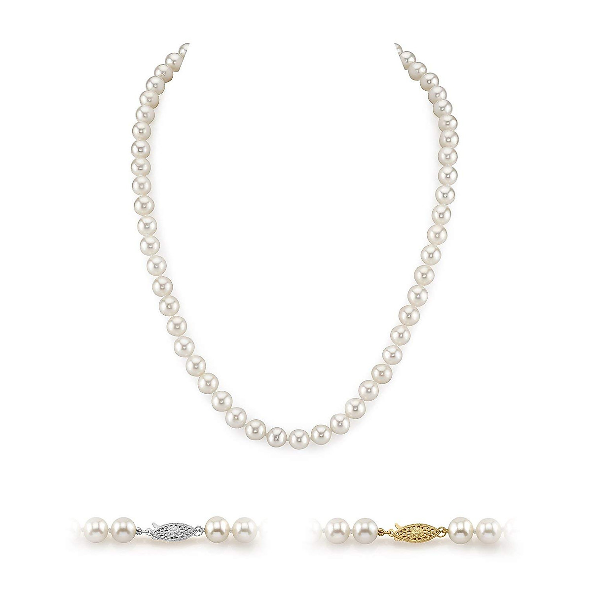 The Pearl Source Real Pearl Necklace for Women with AAA+ Quality Round White Freshwater Genuine Cultured Pearls | 14K Gold Clasp White Gold