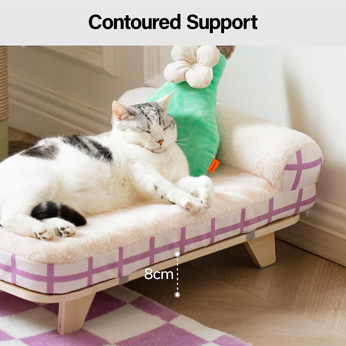 MEWOOFUN Cat Couch Bed, Modern Elevated Cat Bed with Nonskid Bottom, Orthopedic Pet Sofa Bed with Removable Washable Cover, Wooden Pet Furniture for Kitty Puppy, Purple & White
