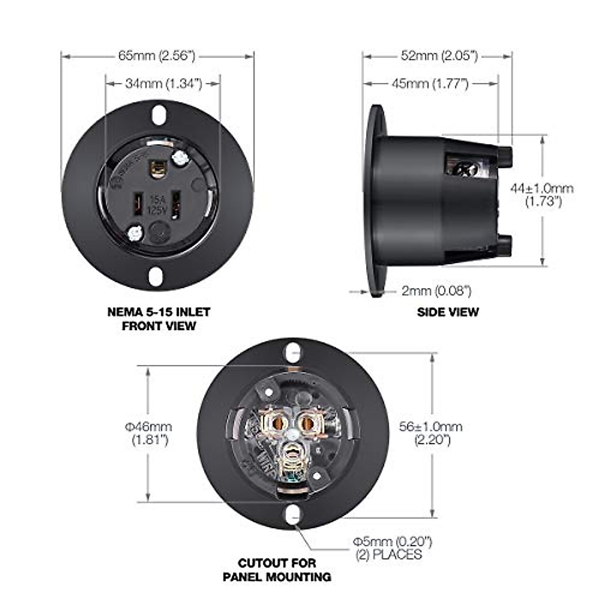 Miady 15 Amp Flanged outlet 125V, NEMA 5-15 Flanged Power outlet Receptacle with Waterproof Front & Back Covers, 2 Pole 3-Wire, for Marine Boat RV Electrical Connections, UL Listed