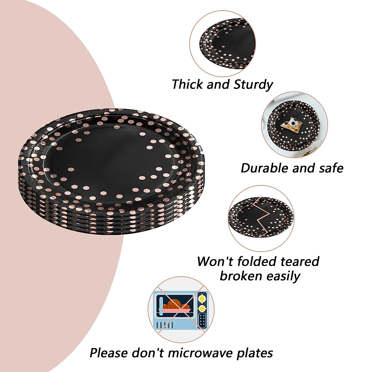 Disposable Paper Plates Round Black and Rose Gold Dots 50 x 7" Plates，Black and Rose Gold Plates Foil Polka Dots Paper Plates Party Supplies for All Occasions 50 PCS
