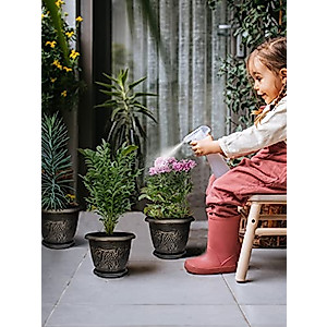 MADHOLLY Plant Pots with Drainage Holes & Saucers- Lightweight Resin Flower Pots- Retro Decorative Resin Planters for Indoor Outdoor Garden Flowers Plants (3 Pack)