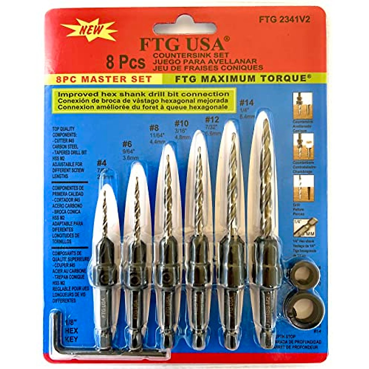 FTG USA Wood Countersink Drill Bit Set 6 Sizes Set Countersink HSS M2 Tapered Drill Bits, Quick Change Hex Shank Countersink bit, with 6 Storage Containers, 2 Stop Collars, 1 Allen Wrench