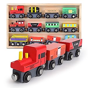 DeXop Toy Train Sets 12 PCS with Box Wooden Train Toys Magnetic Sets for Kids Toddler Gift for Christmas and Birthday for Boys and Girls