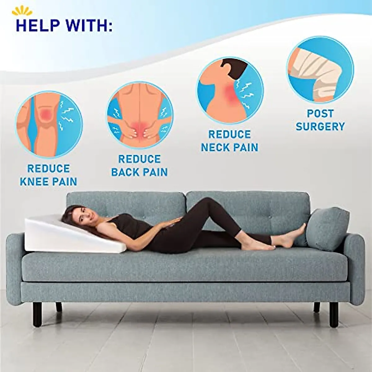 Bed Wedge Pillow Cooling Memory Foam Top – 8" 24" 24" Elevated Support Cushion, Triangle Wedge Pillow for Sleeping, Lower Back Pain, Acid Reflux, Heartburn, Allergies, Snoring – Removable Cover